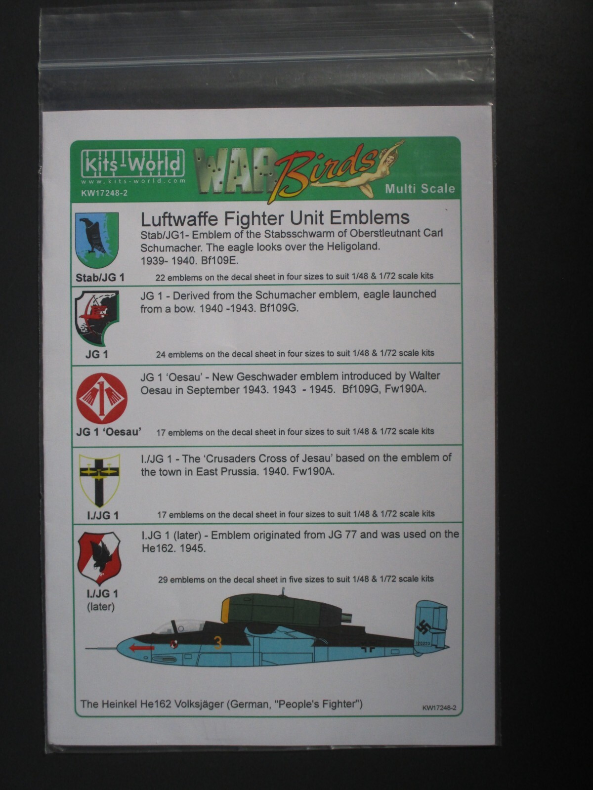 Kits World Multi Scale Luftwaffe Fighter Unit Emblems Decal Sheet No ...