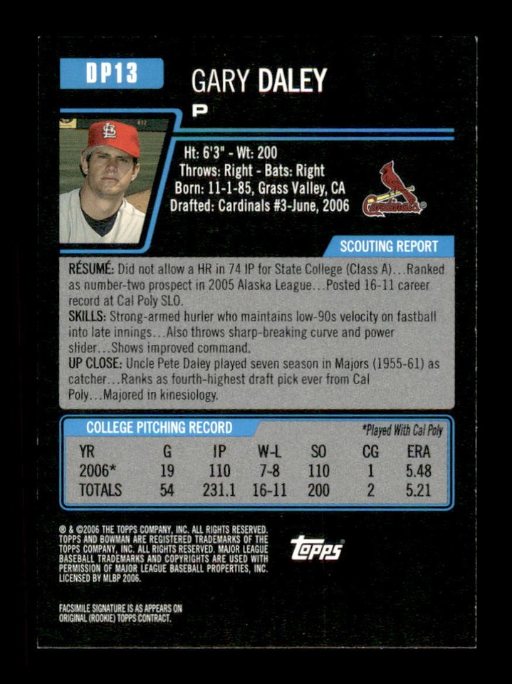 2006 Baseball Bowman 1st Card Gary Daley St. Louis Cardinals #DP13 Blue ...