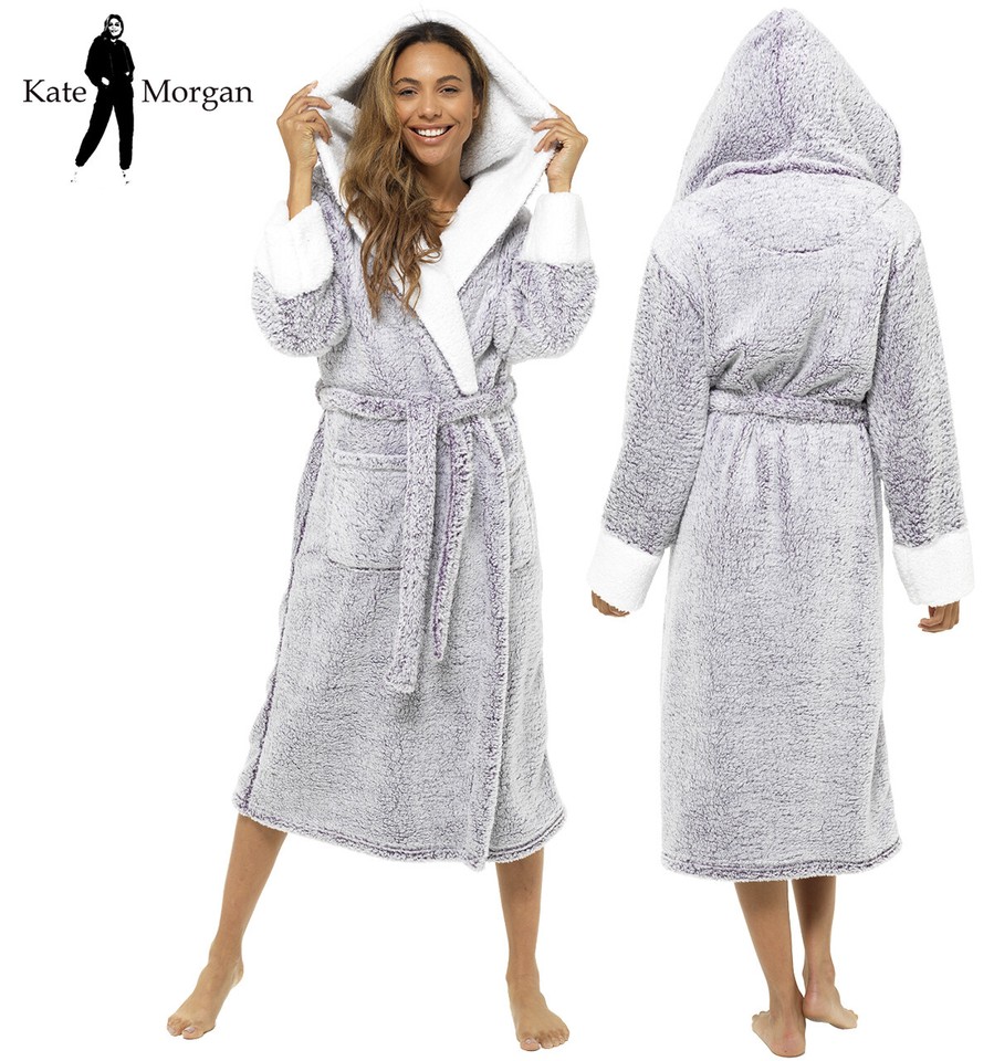 LADIES DRESSING GOWN SOFT & COSY SHIMMER SNUGGLE HOODED FLEECE ROBE ...