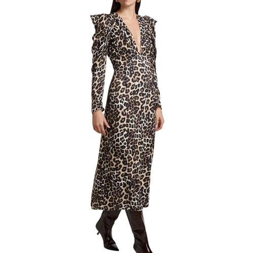 FARM Rio Leopard Print Plunge Neck Maxi Dress Ruffle Shoulder Long ...