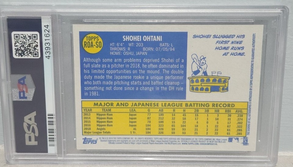 Shohei Ohtani Auto 2019 Topps Heritage Real One Auto Red Ink #d 70-PSA ...