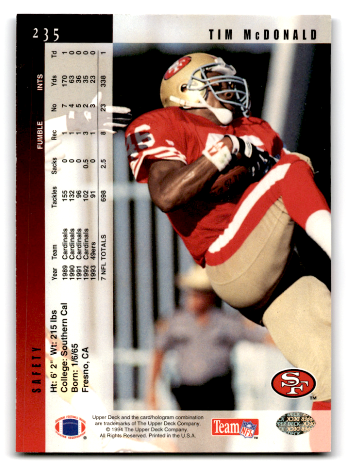 1994 Upper Deck Electric Silver #235 Tim McDonald NM-MT 49ers ID:68171 ...