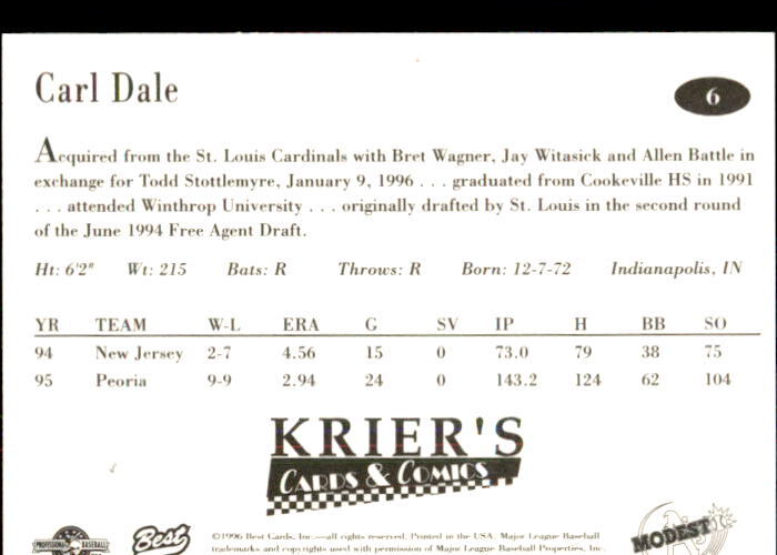 1996 Modesto A's Best #6 Carl Dale Indianapolis Indiana IN Baseball ...