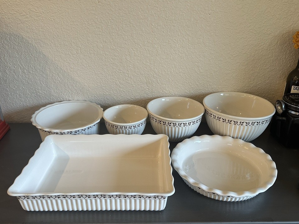 Paula Deen Ceramic Dish Set Bakeware Bowls Pie Plate Ivory Brown Leaves ...