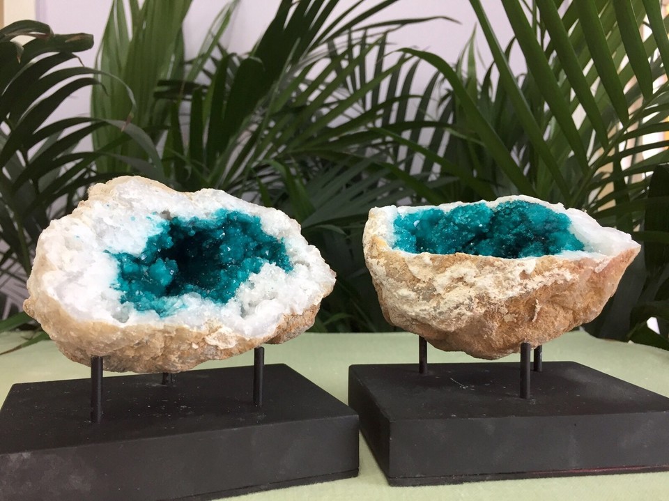 Large Geode Crystal Quartz Specimen Open Geode Pair W/Stands Morocco ...