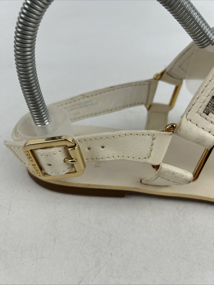 Tory Burch Ivory Leather Sandals Miller Gold Tone Accents Adjustable ...