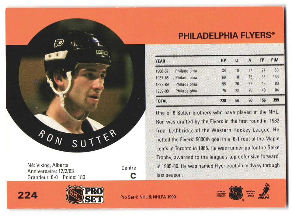 Ron Sutter Autographed 1990 Pro Set Card #224 Philadelphia Flyers | eBay