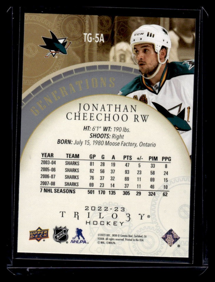 Jonathan Cheechoo 2022 UD Trilogy Generations Past #TG-5A San Jose ...