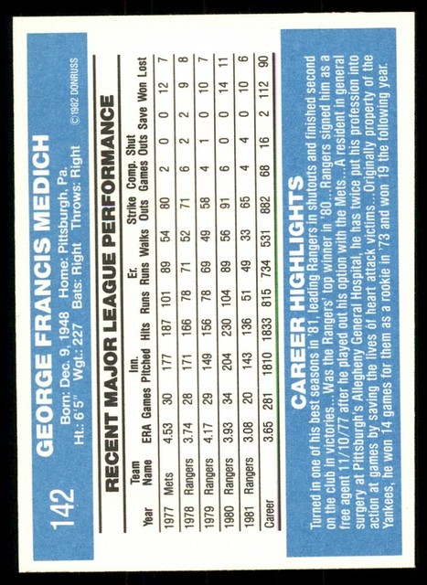 1982 Donruss - #142 Doc Medich for sale online | eBay