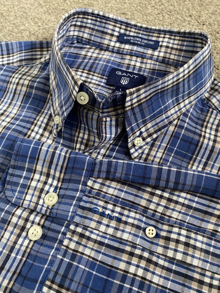 GANT WINDBLOWN OXFORD REGULAR FIT BLUE CHECK LONG SLEEVE SHIRT L LARGE ...