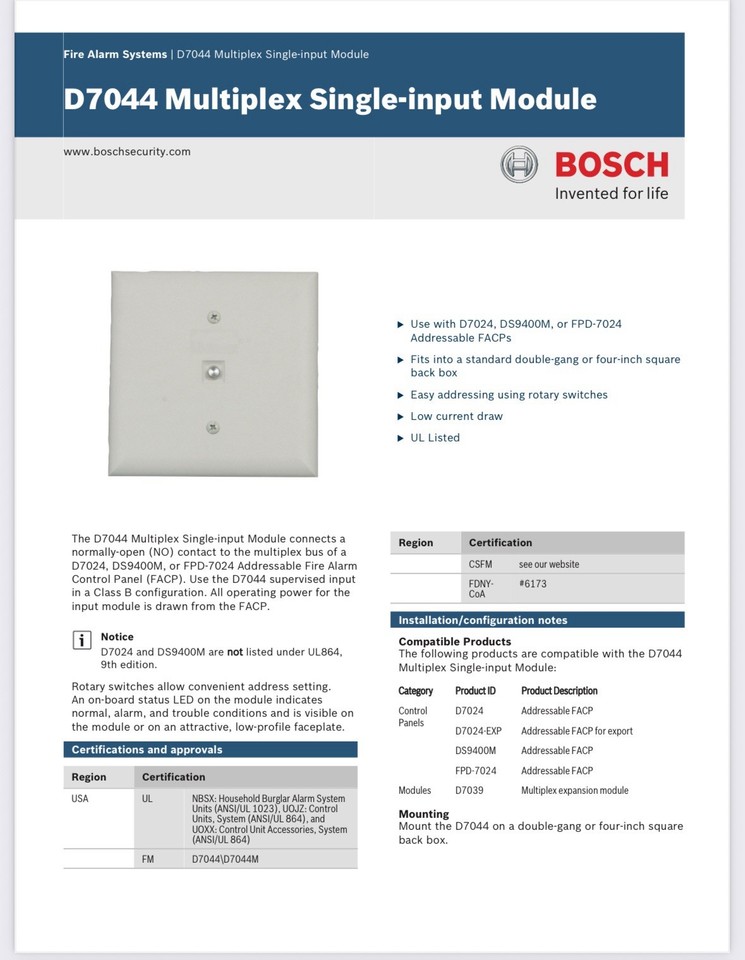 Bosch D7044 Multiplex single-input module (new sealed box) | eBay