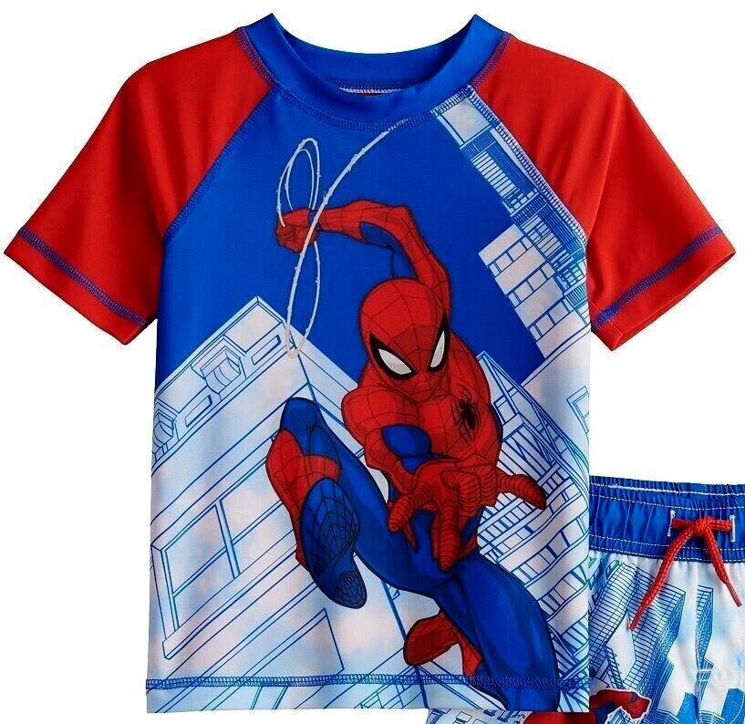$48 Spiderman Boys Swimsuit Swim Trunks Rash Guard Shirt Shorts Toddler ...