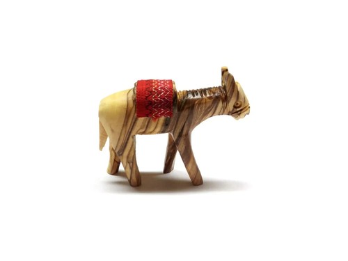 Miniature Donkey Hand Carved Olive Wood Red Cloth Saddle Bethlehem Holy ...