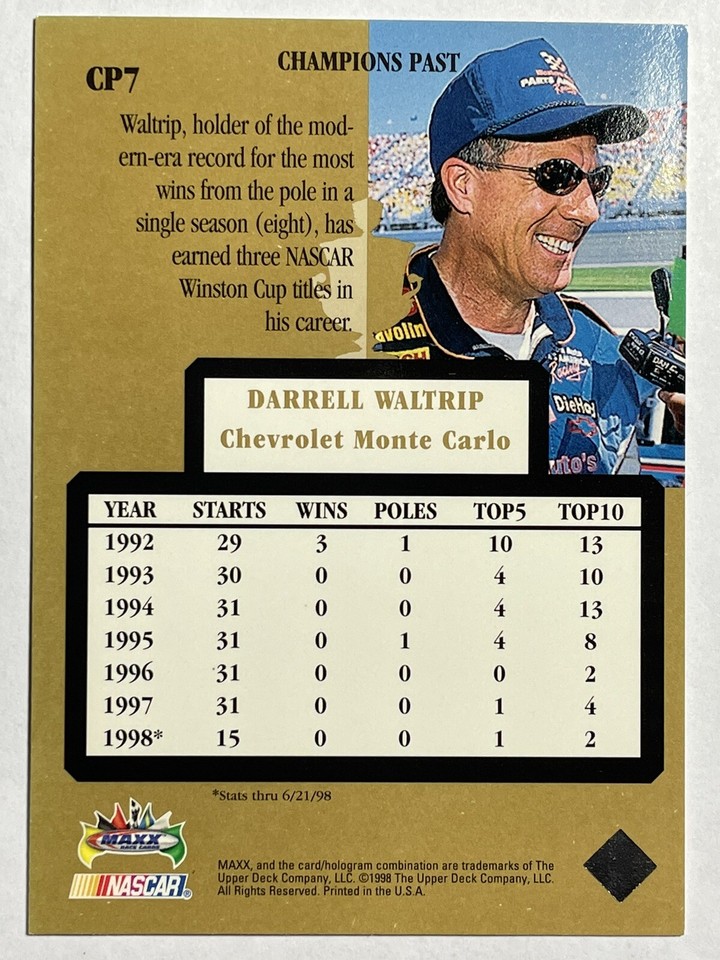 HOF'er DARRELL WALTRIP 1998 Maxx CHAMPIONS PAST INSERT NASCAR Racing ...