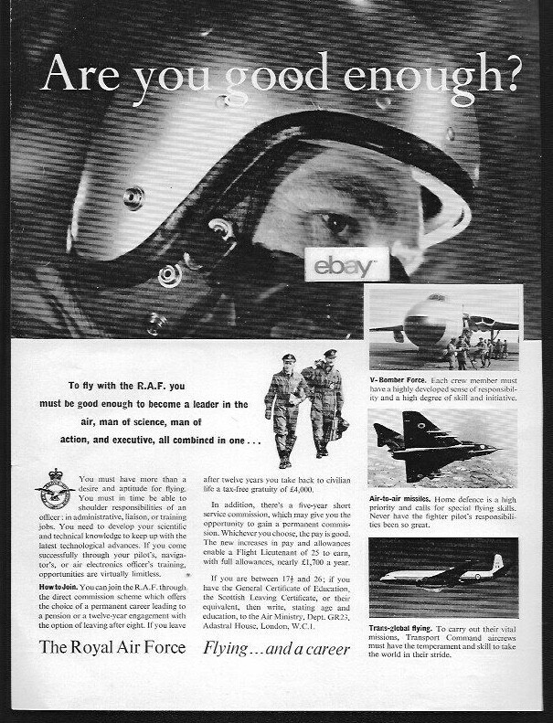 RAF ROYAL AIR FORCE ENGLAND 1958 ARE YOU GOOD ENOUGH? TO FLY FOR RAF AD ...