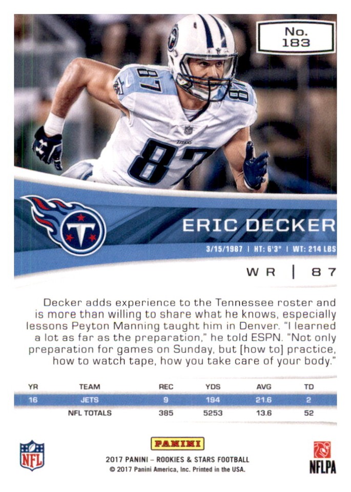 2017 Rookies & Stars Eric Decker NFL PWE Base Card Titans #183 | eBay