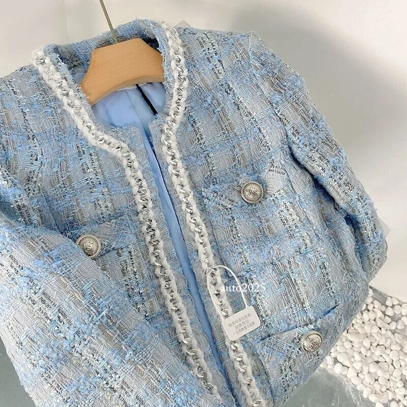 Women's Blue Woven Tweed Short Coat Jacket Office Ladies Top Jackets ...