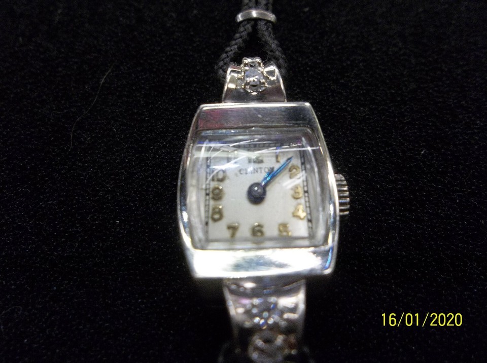 Vintage Clinton Ladies 17 Jewel 14K white gold 4 diamond watch.Just ...