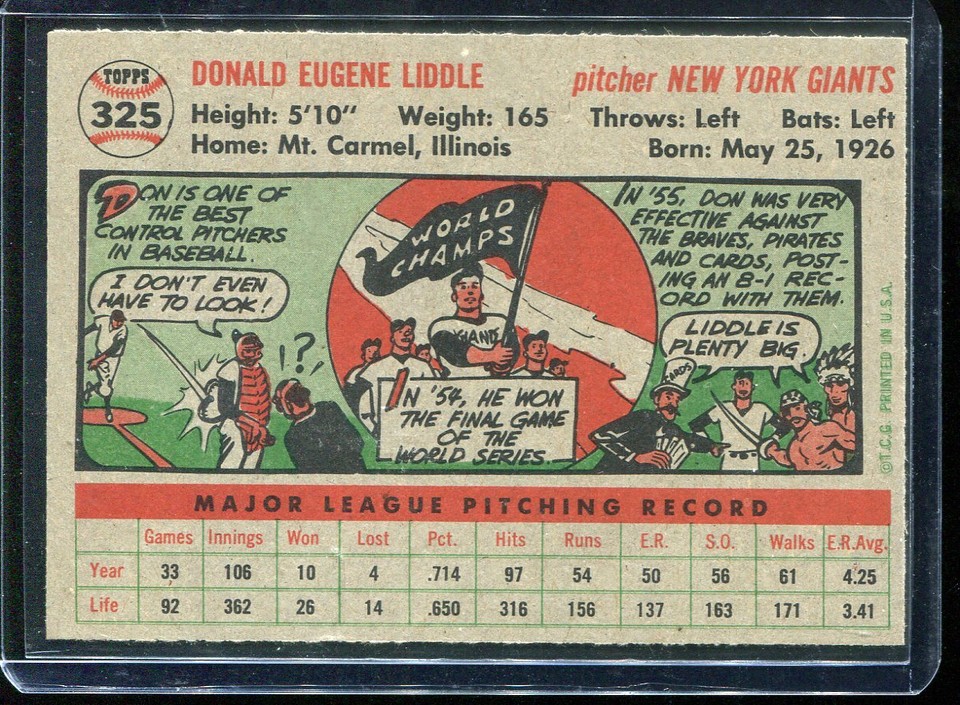1956 Topps Baseball # 325 Don Liddle MT Mint Slight O/C "GB" | eBay