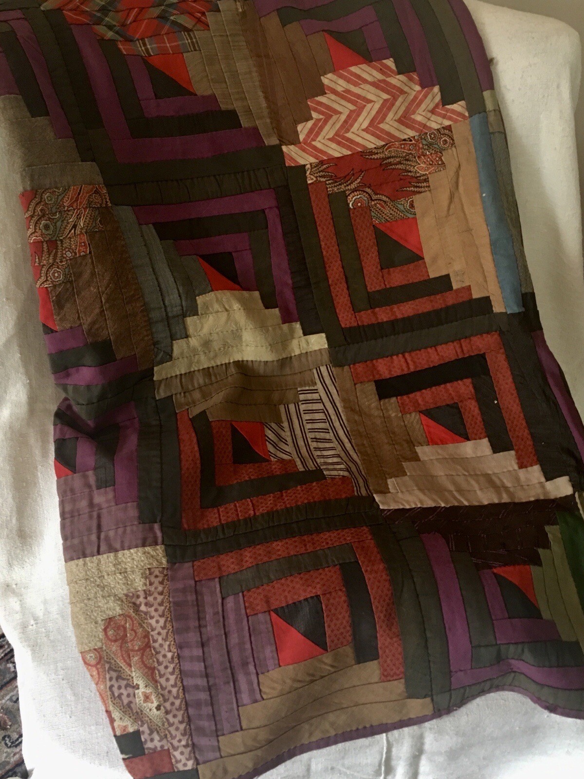 Antique Primitive Farmhouse Log Cabin Quilt ~ Red Black Blue Green ...