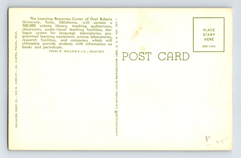 Postcard Oklahoma Tulsa OK Oral Roberts University Library 1960s ...