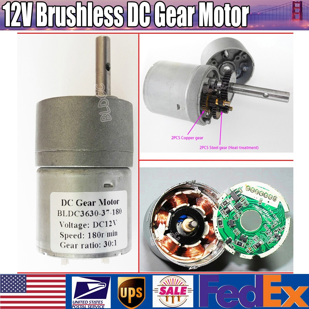 180RPM Electric DC12V High Torque Brushless Gear Motor W/ PWM Dual Ball ...