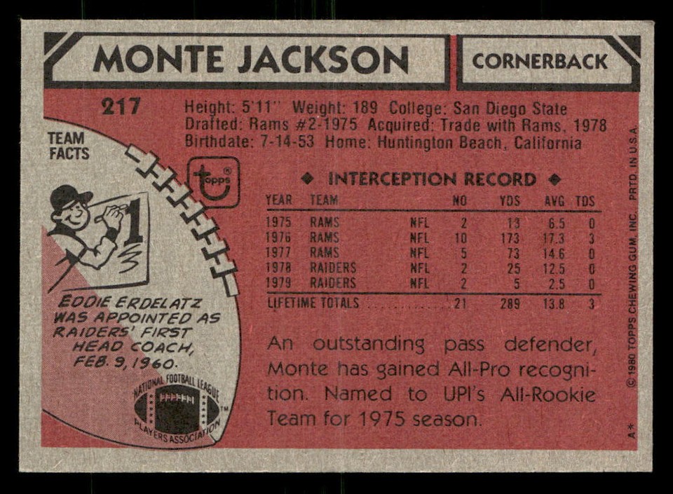 Monte Jackson 1980 Topps Card #217 Oakland Raiders | eBay