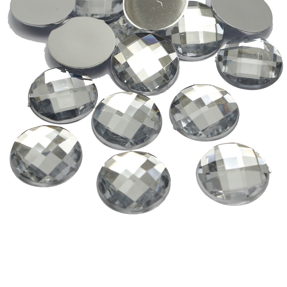 100 Clear Crystal Acrylic Flatback Faceted Round Rhinestone Gems 16mm ...