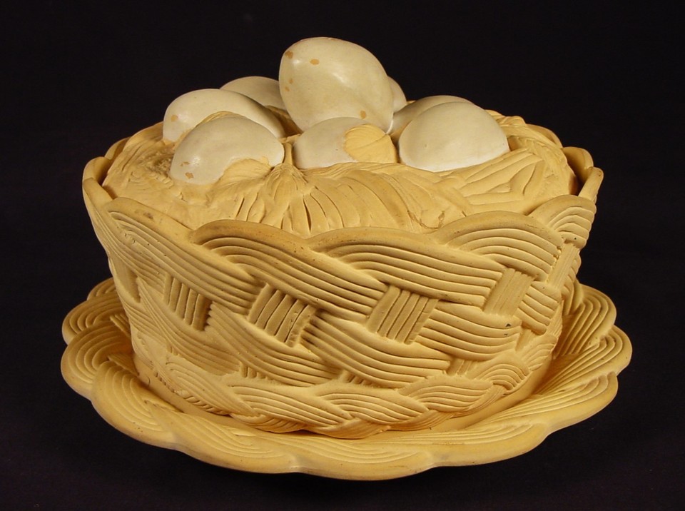 VERY RARE ANTIQUE GAME DISH w 8 CHICKEN EGGS CANE YELLOW WARE CANEWARE ...