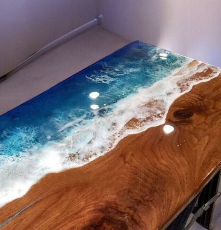 Blue Wave Epoxy Resin Dining Table Top Kitchen Slab Live Edge Wood ...