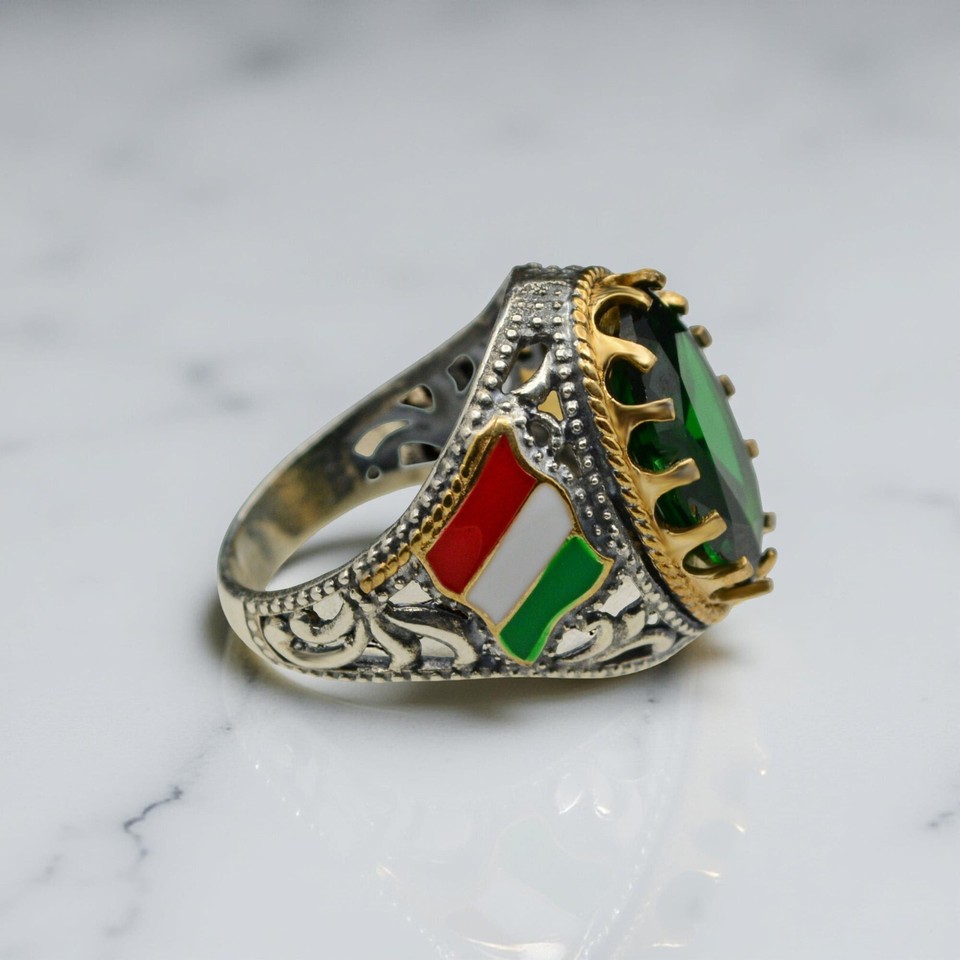 925 Sterling Silver Italian Flag Statement Men Ring, Green Zircon ...