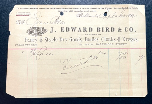 1890 J Edward Bird & Co Antique Billhead Dry Goods Ladies Dresses ...