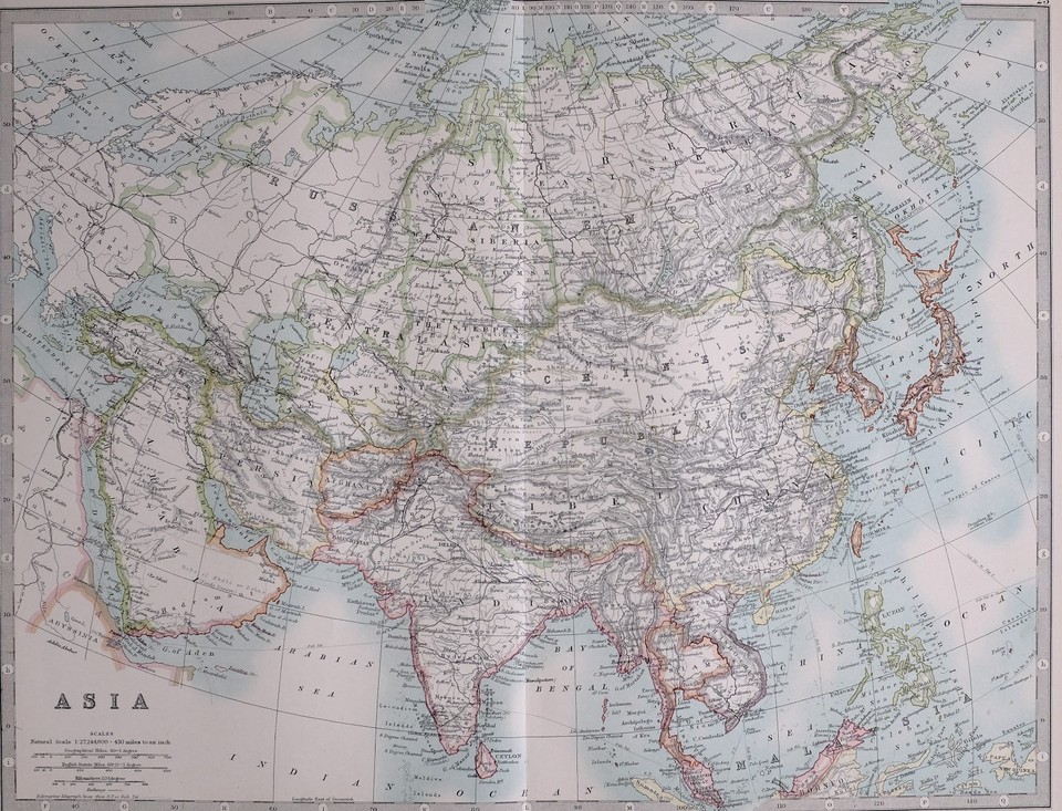 1915 LARGE MAP ASIA INDIA ARABIA PERSIA AFGHANISTAN TIBET SIAM CHINA ...