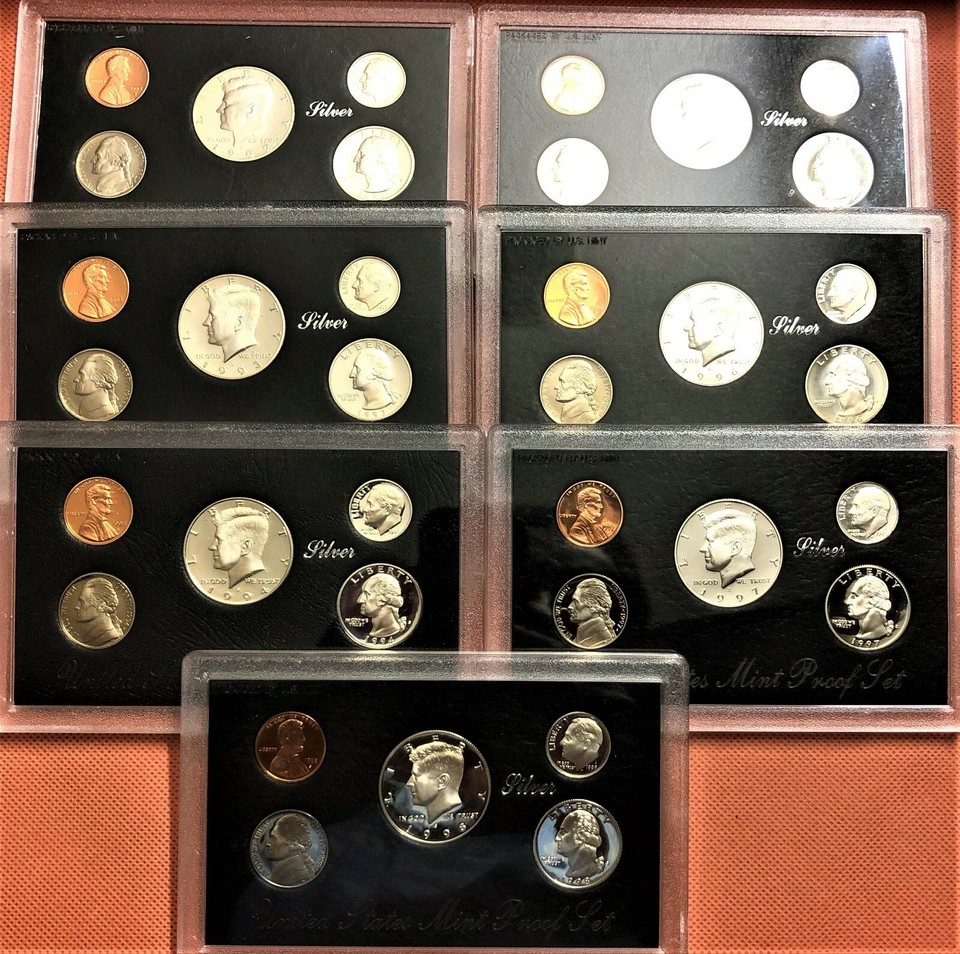 1992-1998 UNITED STATES MINT SILVER PROOF SETS, COMPLETE 7 SILVER SETS ...