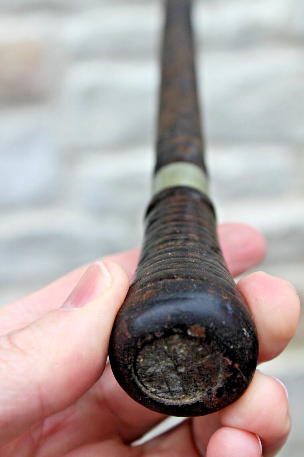 Antique 1800's cane STACKED LEATHER ball swagger stick metal 34.5 ...