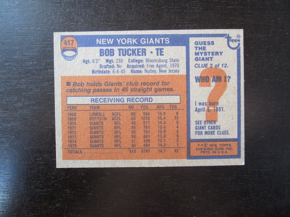 1976 Topps # 417 Bob Tucker Autograph Signed Auto Card (M2) New York ...