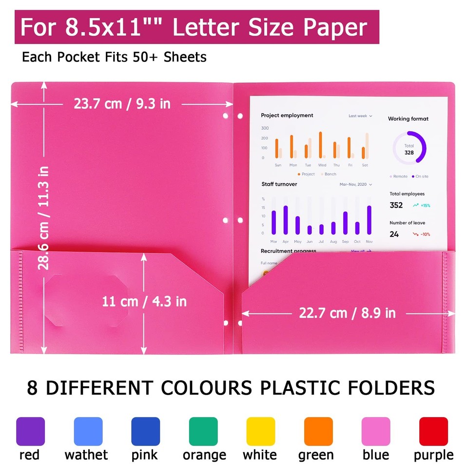 8 Pack Colored Plastic Folders Durable Heavy Duty File Folders with 2 ...