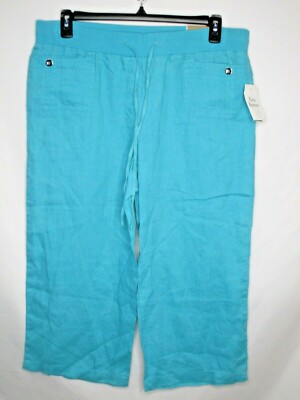 JM Collection Linen Pants Womens 14 Blue Pockets Relaxed Fit Drawstring ...