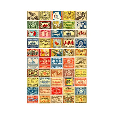 Safety Match Box Label Stickers, 2 REPRODUCTION Sheets, 50 Unique ...