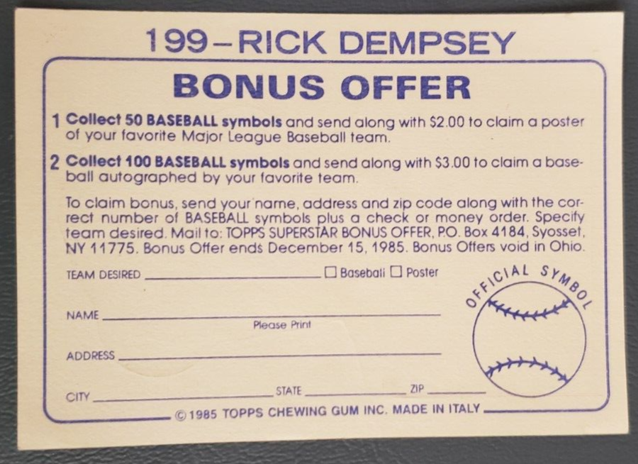 Vintage 1985 Topps Stickers Baseball Card #199 Rick Dempsey - Die Cut ...