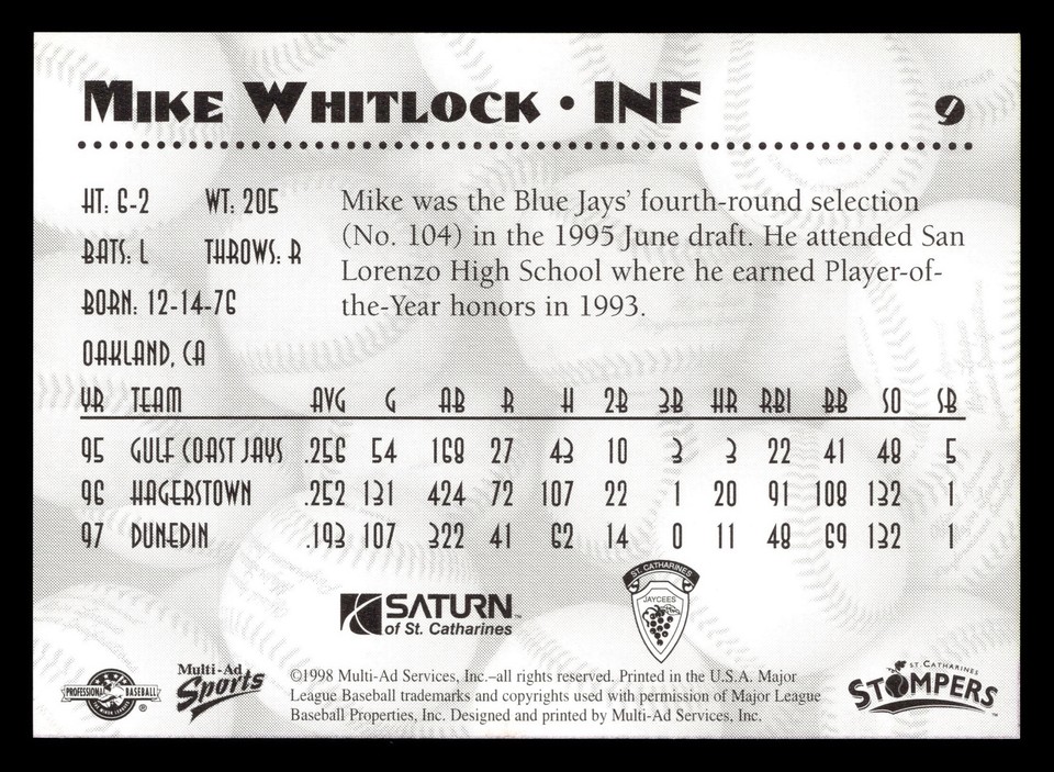 Mike Whitlock 1998 Multi-Ad St. Catharines Stompers #9 MINORS ROOKIE | eBay