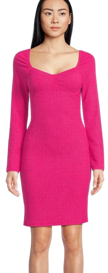 Madden NYC Long Sleeve Textured Bodycon Bra-Cup Design Pink Mini Dress ...
