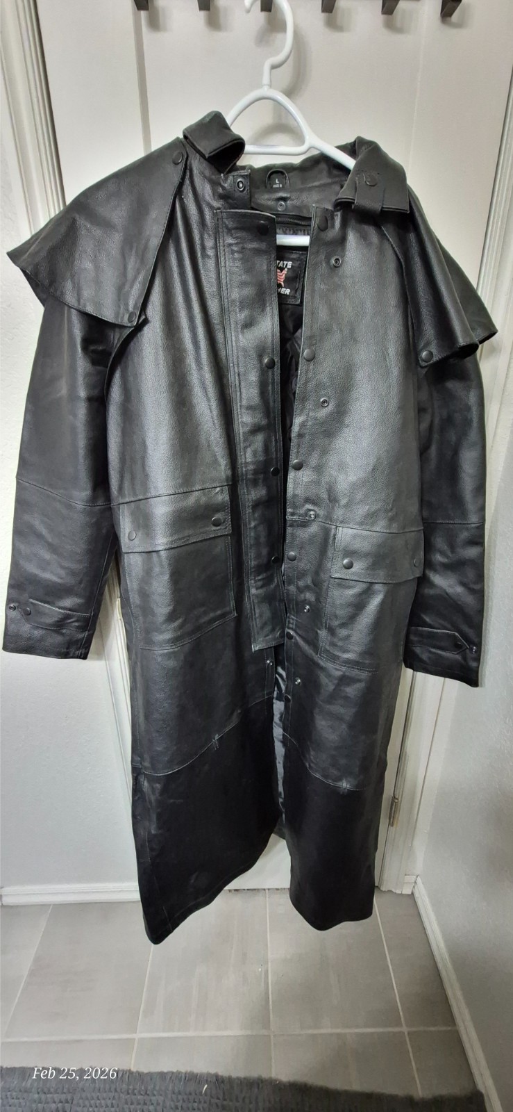 Men's Leather Western Motorcycle Duster Long Trench Coat - Black ...