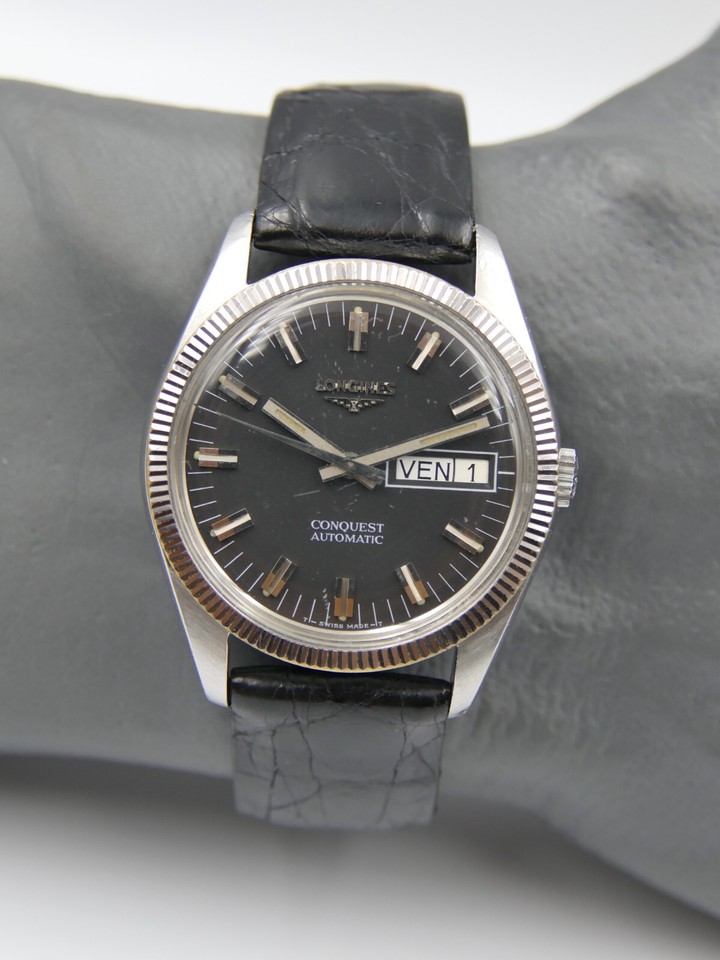 70s vintage mens Longines Conquest 1567-1 / 7971 automatic L636.1 black ...