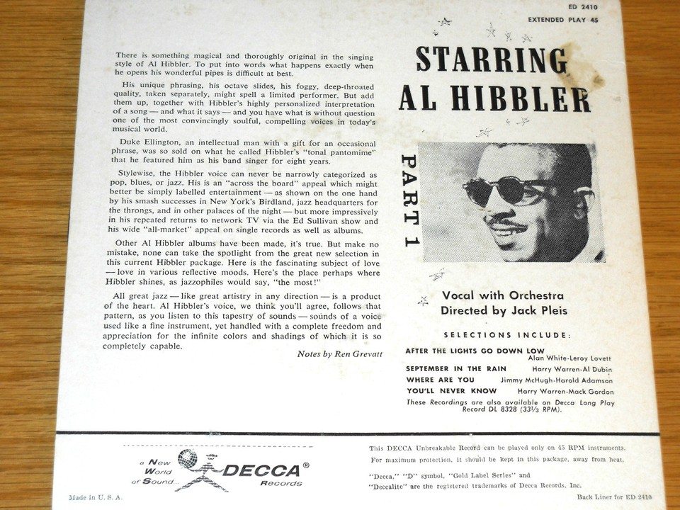 POP EP - AL HIBBLER - DECCA ED 2410 - "STARRING AL HIBBLER" | eBay