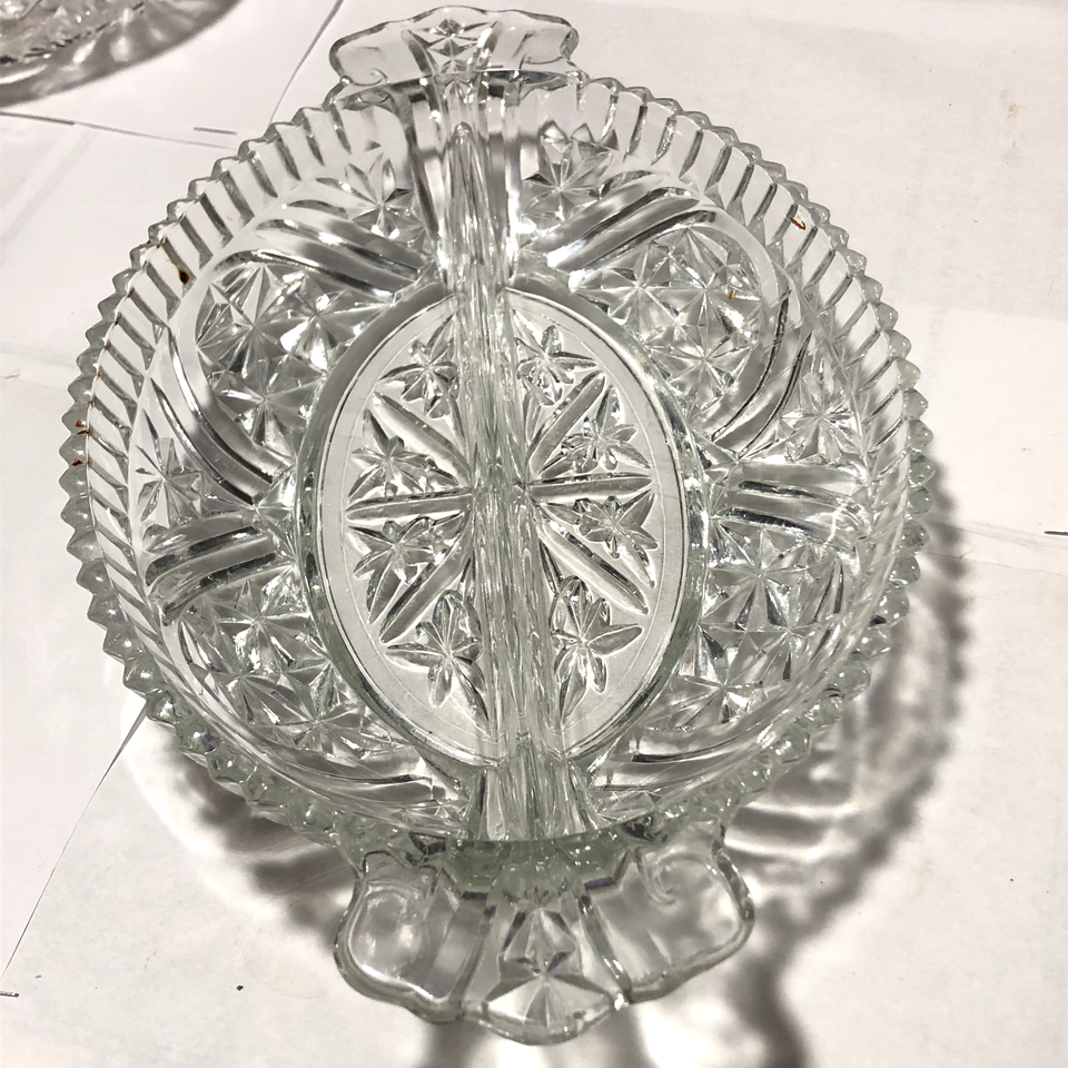 2 Vintage Anchor Hocking Clear Cut Glass Oval Divided Relish Dish w/Tab ...