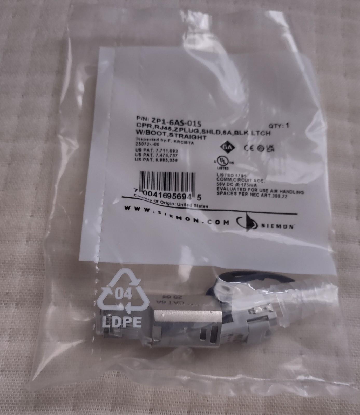 Siemon ZP1-6AS-01S Copper RJ45 Connector With Boot And Latch Cat6A ...