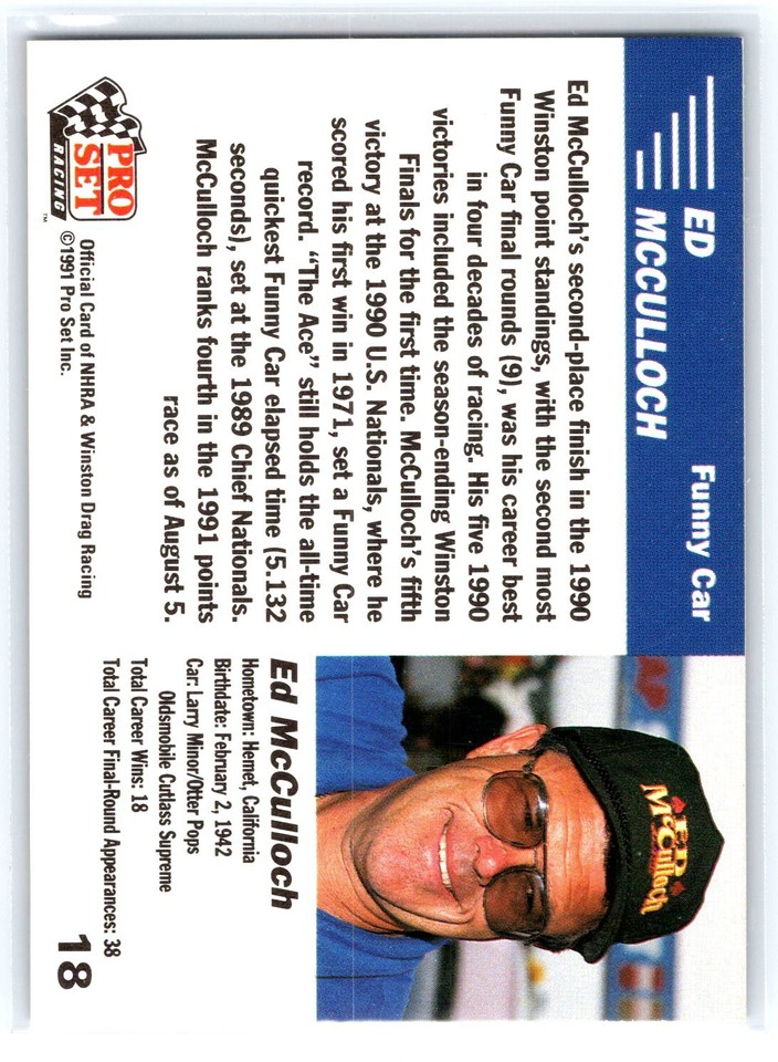 Ed McCulloch Signed Autographed Card 1991 Pro Set Racing #18 "To Dan ...