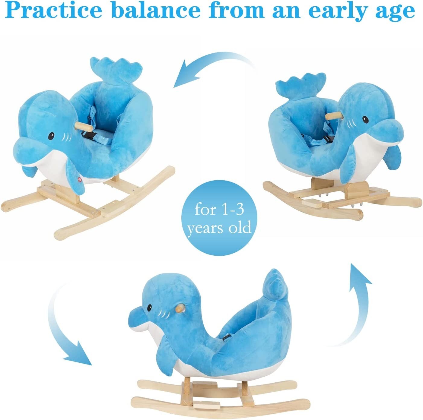 Kids Rocking Horse Toy Plush Dolphin Toddler Ride On Horse Baby Wooden ...