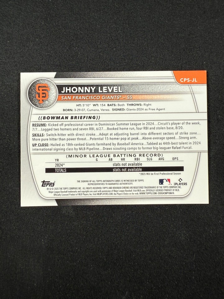 2025 Bowman Sapphire Jhonny Level 1st Bowman Chrome Sapphire Auto /199 ...